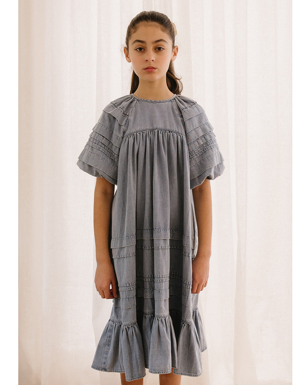 PETITE AMALIE "Soleil" Pleated Chambray Smock Dress